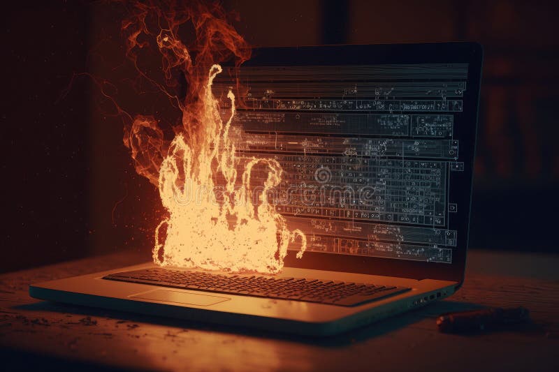 AI Generated Hacker Laptop with Fire Binary Computer Code Internet and Network Security Stock ...