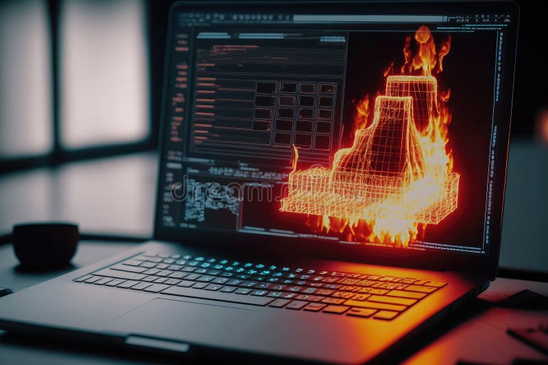 Ai Generated Hacker Laptop With Fire Binary Computer Code Internet And