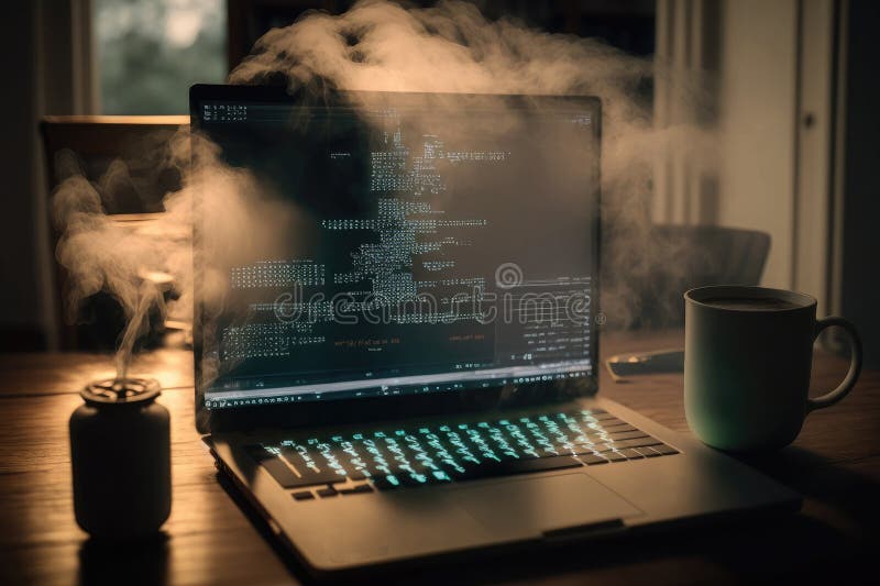 AI Generated Hacker Laptop with Fire Binary Computer Code Internet and ...