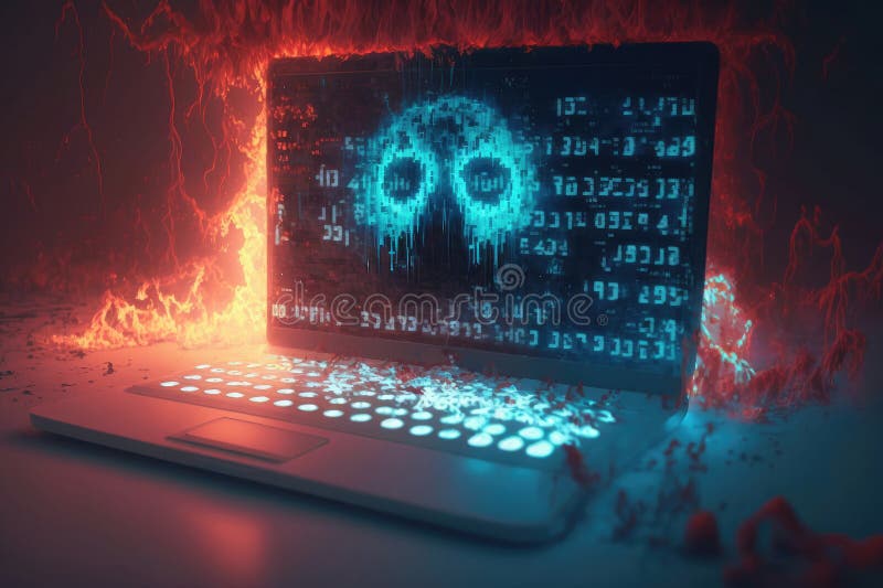 Ai Generated Hacker Laptop With Fire Binary Computer Code Internet And Network Security Stock