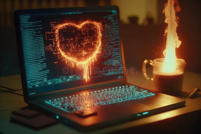 AI Generated Hacker Laptop with Fire Binary Computer Code Internet and ...