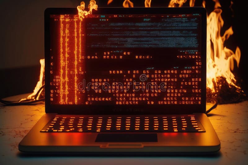 AI Generated Hacker Laptop with Fire Binary Computer Code Internet and ...