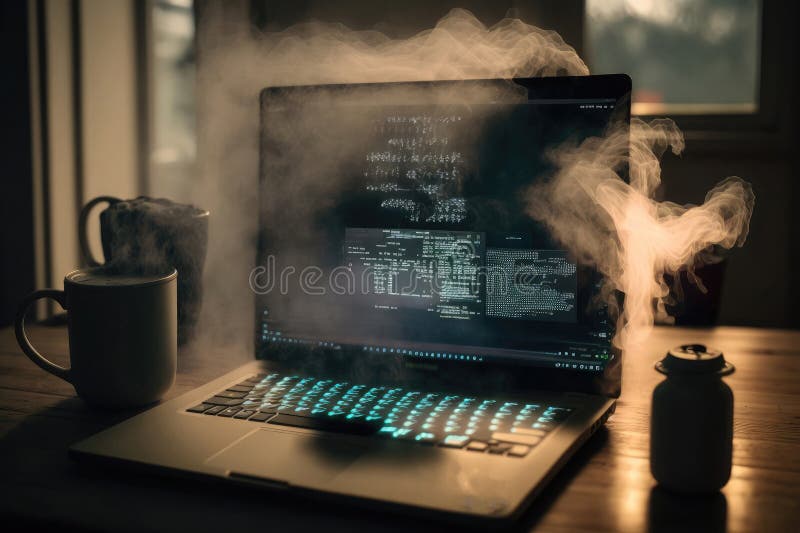 AI Generated Hacker Laptop with Fire Binary Computer Code Internet and ...