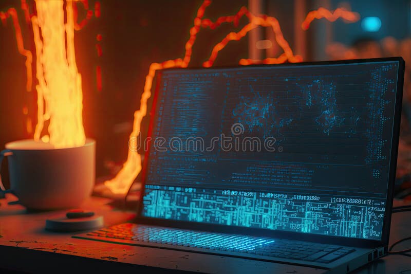 AI Generated Hacker Laptop with Fire Binary Computer Code Internet and ...