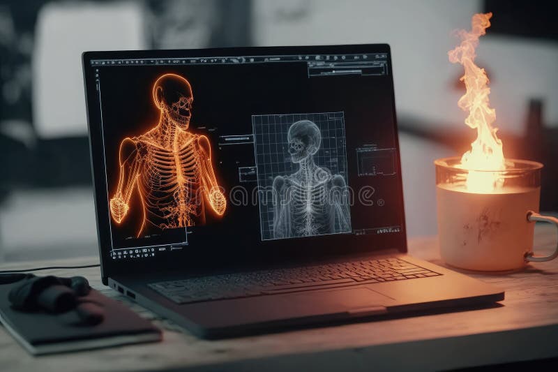 AI Generated Hacker Laptop with Fire Binary Computer Code Internet and ...