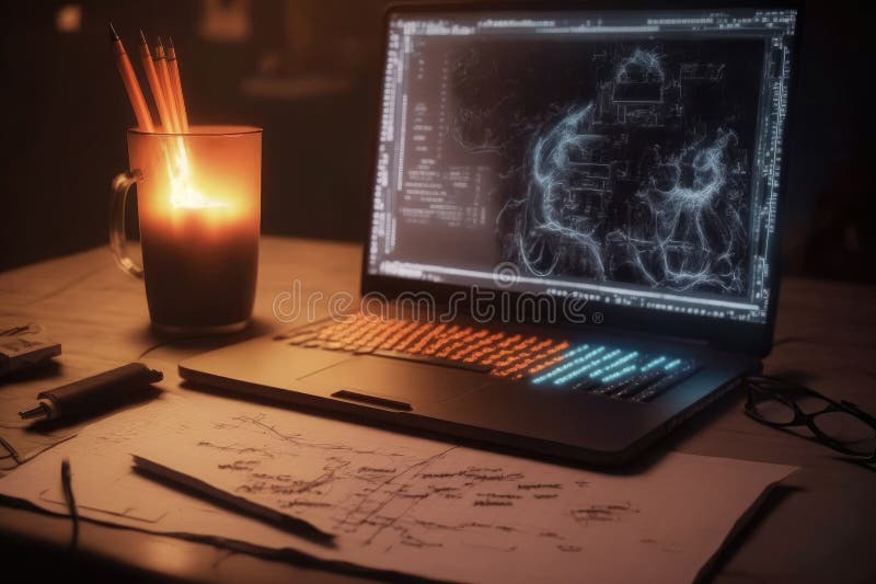 Ai Generated Hacker Laptop With Fire Binary Computer Code Internet And