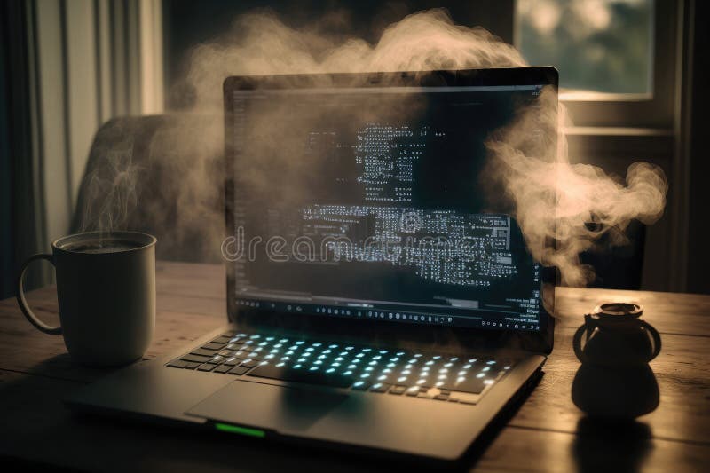 Ai Generated Hacker Laptop With Fire Binary Computer Code Internet And