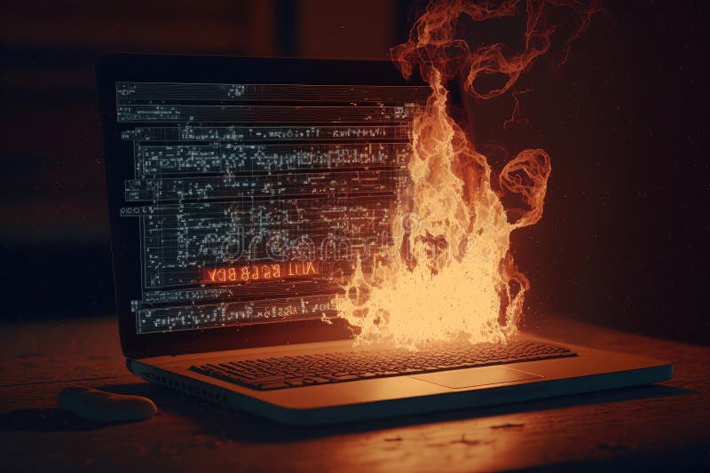 AI Generated Hacker Laptop with Fire Binary Computer Code Internet and ...