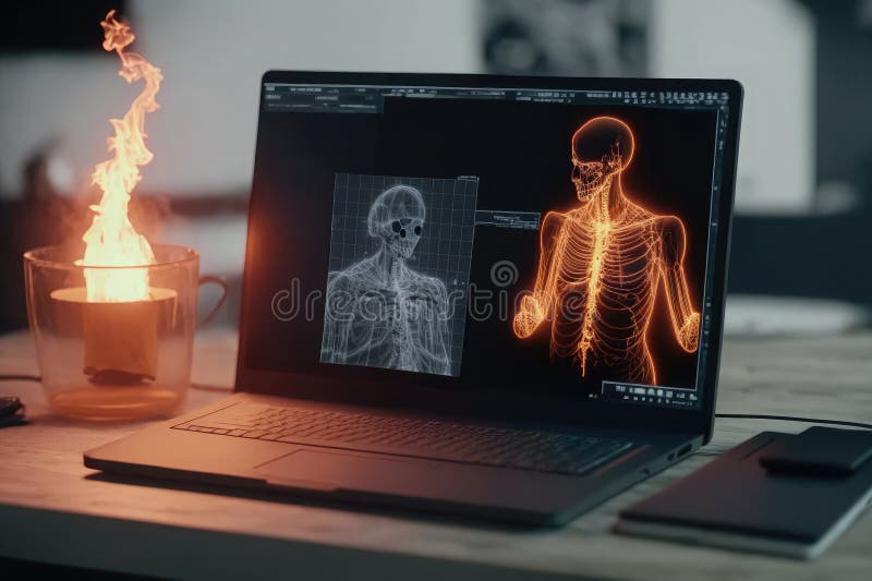 Ai Generated Hacker Laptop With Fire Binary Computer Code Internet And Network Security Stock