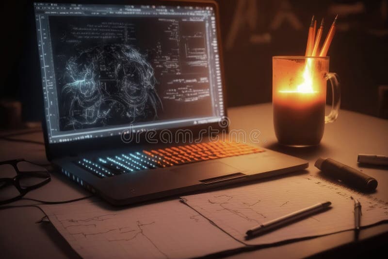 AI Generated Hacker Laptop with Fire Binary Computer Code Internet and ...