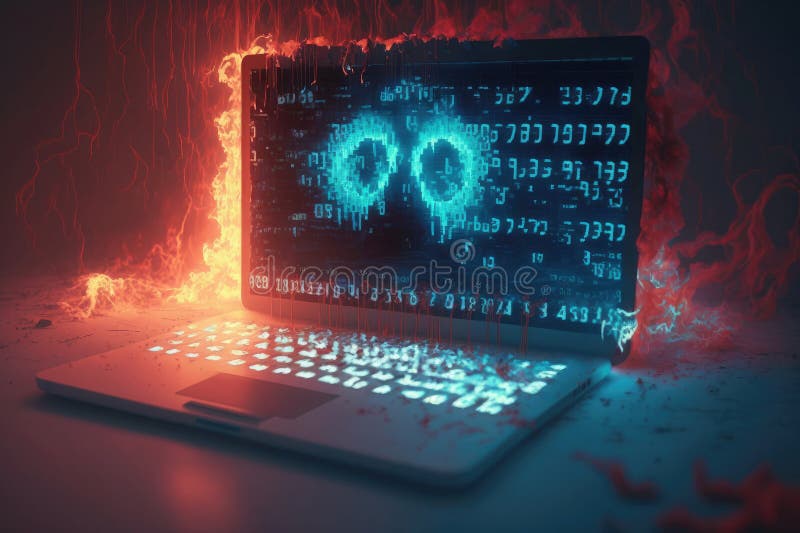Ai Generated Hacker Laptop With Fire Binary Computer Code Internet And