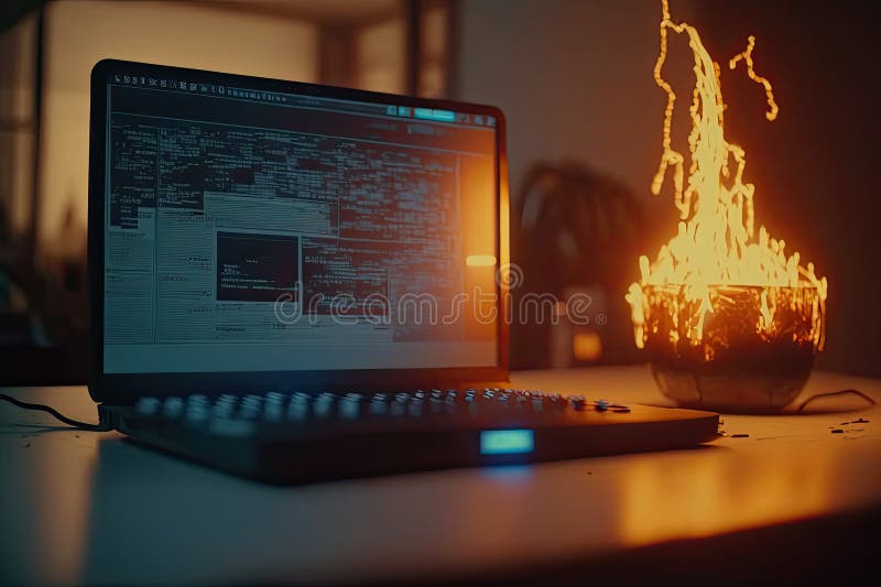 AI Generated Hacker Laptop with Fire Binary Computer Code Internet and ...