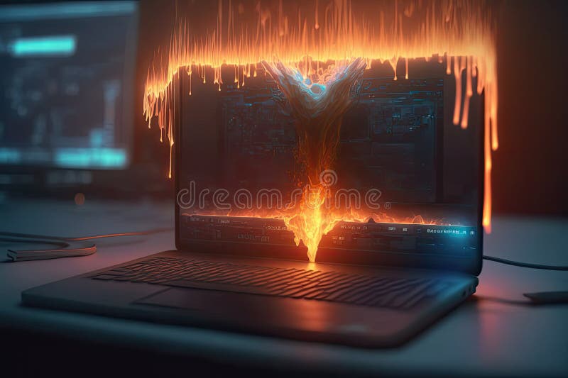 AI Generated Hacker Laptop with Fire Binary Computer Code Internet and ...