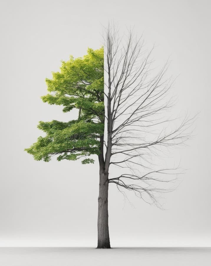 Half of the Tree with Green Leaves and the Other without Leaves. Stock ...