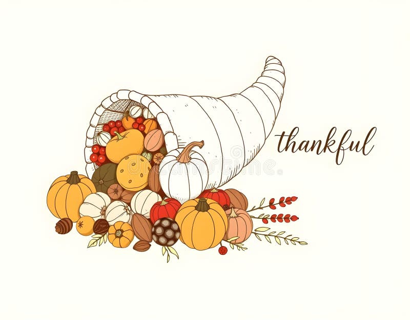 A Hand Drawing of a Cornucopia with Pumpkins and Harvest Fruits with ...
