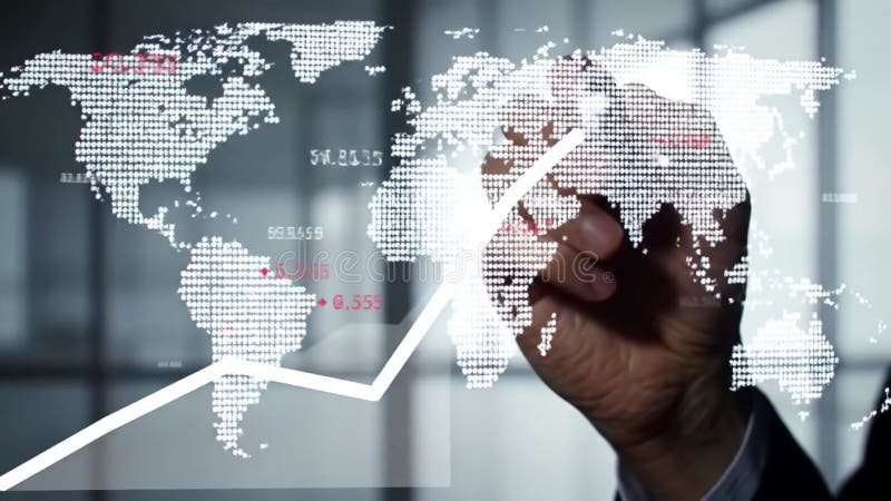 Hand Drawing White Line Graph Over Digital World Map with Red Markers ...