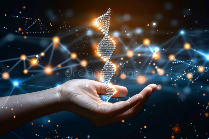 Hand Holding a Glowing Digital DNA Model in a Dark Setting, Showcasing ...