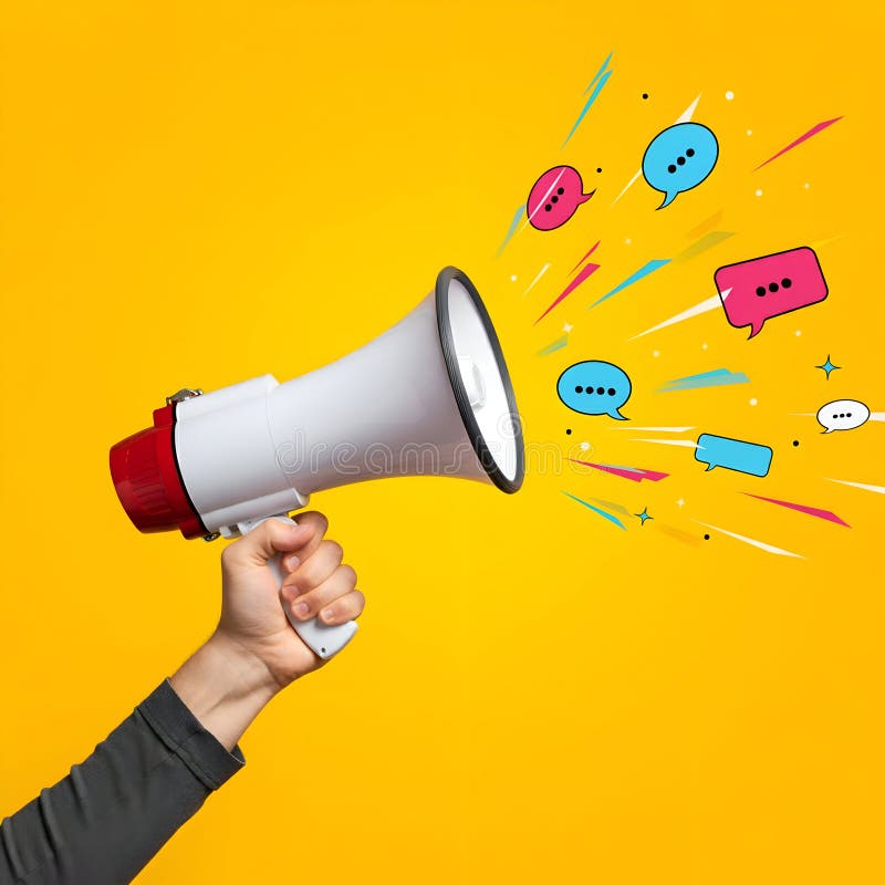AI Megaphone with Colorful Speech Bubbles and Social Media Icons Stock ...