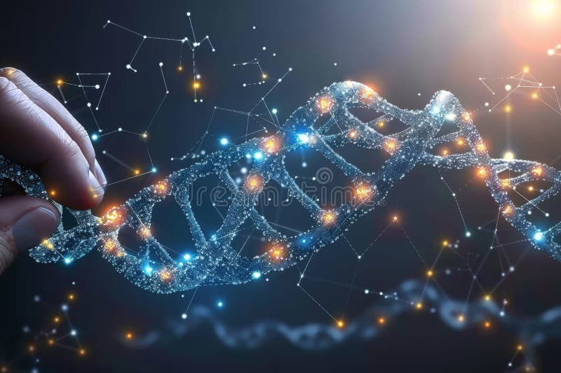 Hand Interacting with a Glowing Digital DNA Strand, Merging Technology ...