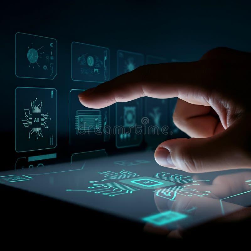 AI-Generated Hand Touching Glowing Tablet Screen Displaying ...