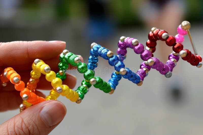 Handcrafted Rainbow DNA Model Made of Beads, Held by Hand, Showcasing ...