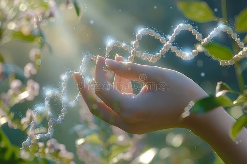 Hands Forming a Crystal DNA Structure with Nature Backdrop, Merging the ...