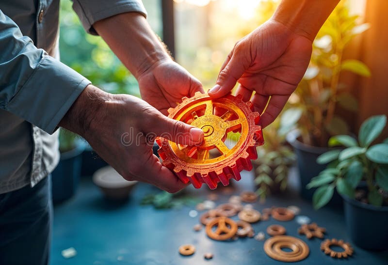 Hands Holding an Orange Gear, Symbolizing Teamwork and Collaboration ...
