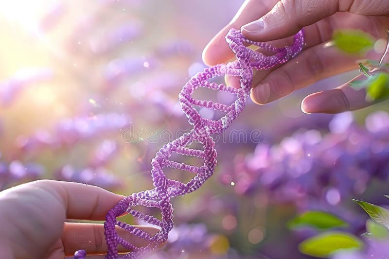 Hands Intertwining with a Lavender Colored DNA Helix in a Floral ...