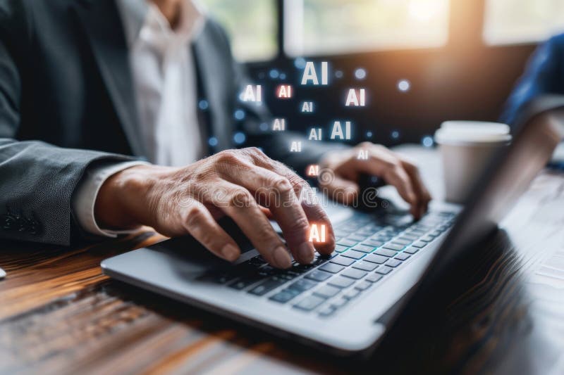 Hands Typing on Laptop with AI Interface, Highlighting Technology ...