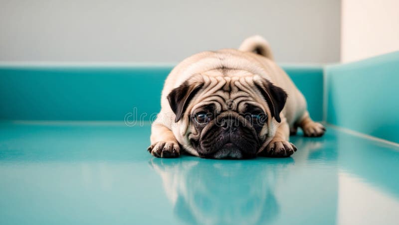 Happy Pug Dog Lying Down on Turquoise Surface. Stock Photo - Image of ...