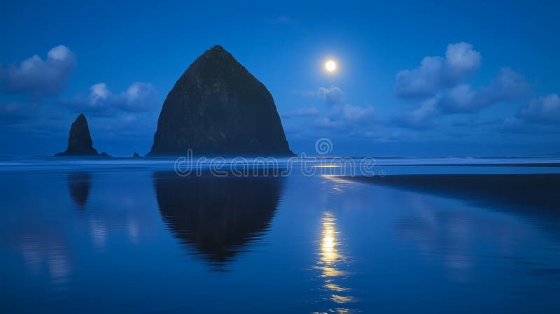 Haystack Rock at Cannon Beach, Oregon, is Illuminated by the Moonlight ...