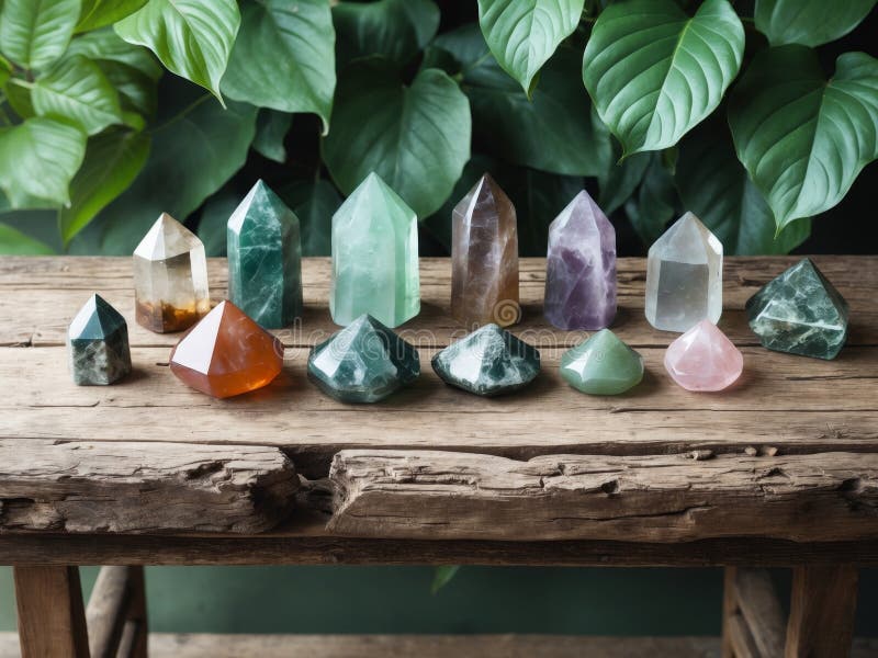 Healing Crystals Displayed on a Rustic Wooden Table with Green Leaf ...