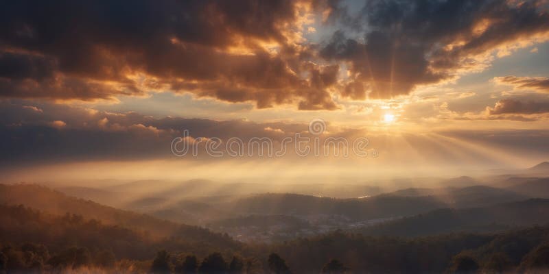Dramatic Sun Rays Beaming Down on Mountains Stock Image - Image of ...