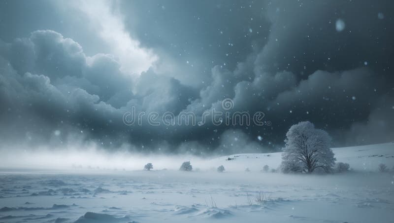 Heavy Snowfall Over Expansive Winter Landscape with Dramatic Dark ...