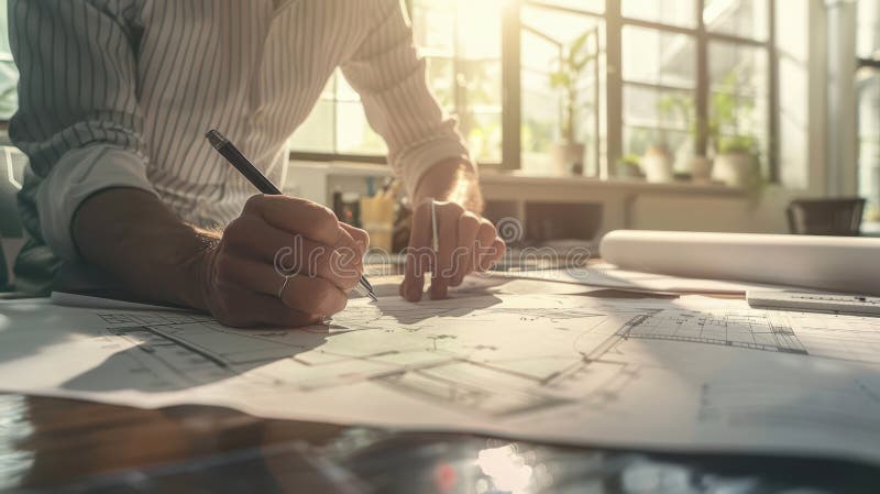 Architect Working on Blueprints Stock Illustration - Illustration of ...