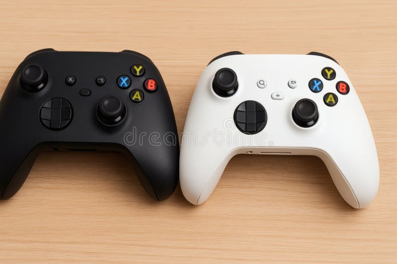 Amazing Gamepad Controllers Black and White Duo on Wooden Surface ...