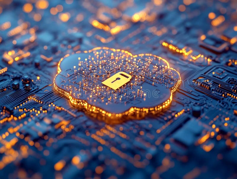 Advanced Circuit Board with Glowing Blue Cloud and Integrated Lock Symbol, Representing Secure ...