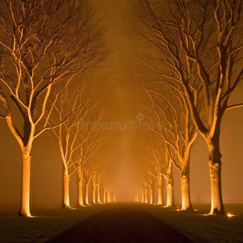 Illuminated Tree Lined Pathway Glowing with Warm Golden Tones Creating ...