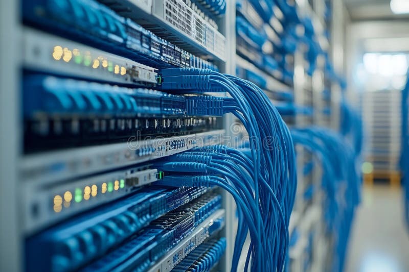 Rows of Blue Ethernet Cables Connected To a Server Rack Symbolizing ...