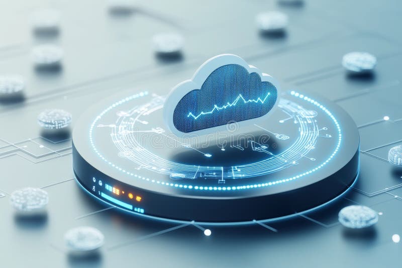 Blue Cloud Icon with Digital Interface on Circular Platform Symbolizing Cloud Computing Virtual ...