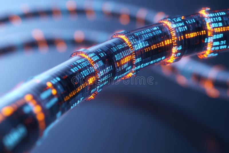 Close Up of a Glowing Data Cable with Digital Binary Code Representing ...