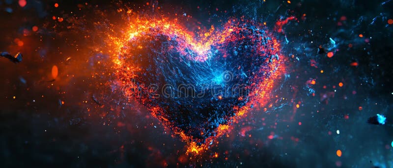 Exploding Fiery Heart Surrounded by Sparks and Glowing Embers in a Dark ...