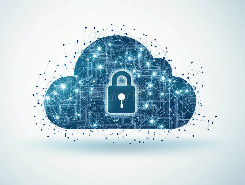 Minimalistic Glowing White Cloud with an Embedded Blue Padlock Surrounded by Small Floating ...