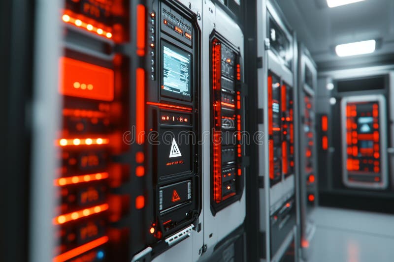 Server Racks with Glowing Red and Blue Lights in a Data Center ...