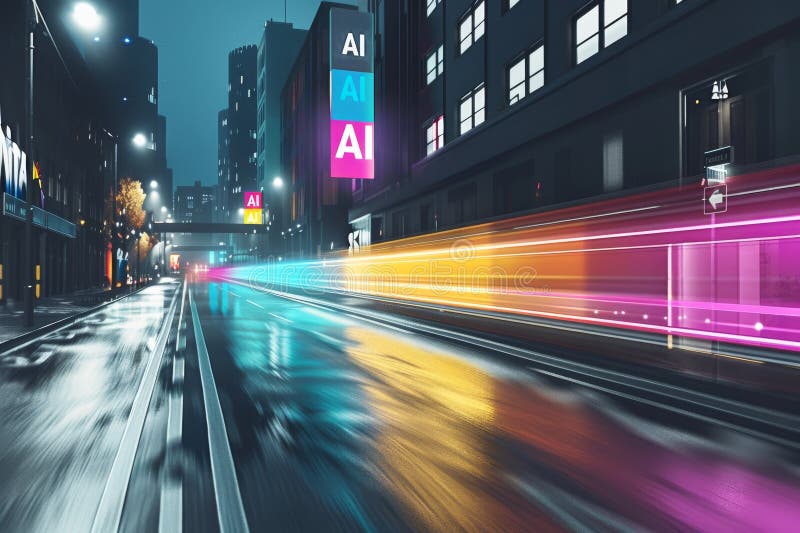 High Speed AI Interface in Urban Nightscape, Illustrating Advanced ...