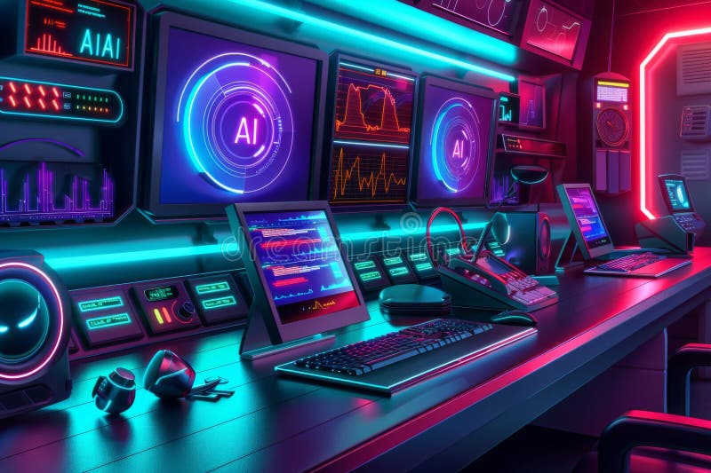 High Tech AI Control Room with Neon Lights, Advanced Artificial ...