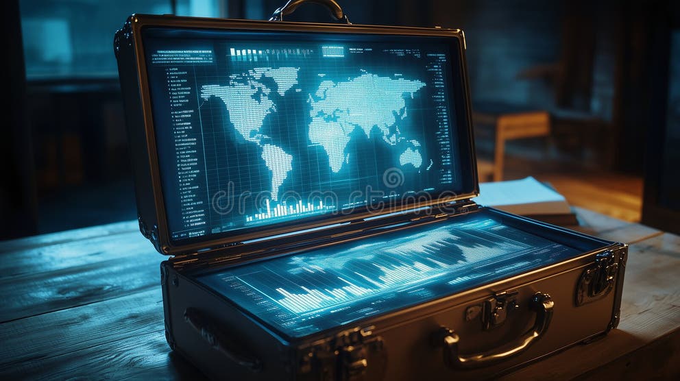 A High-tech Briefcase Displays a Digital Interface with a Global Map ...