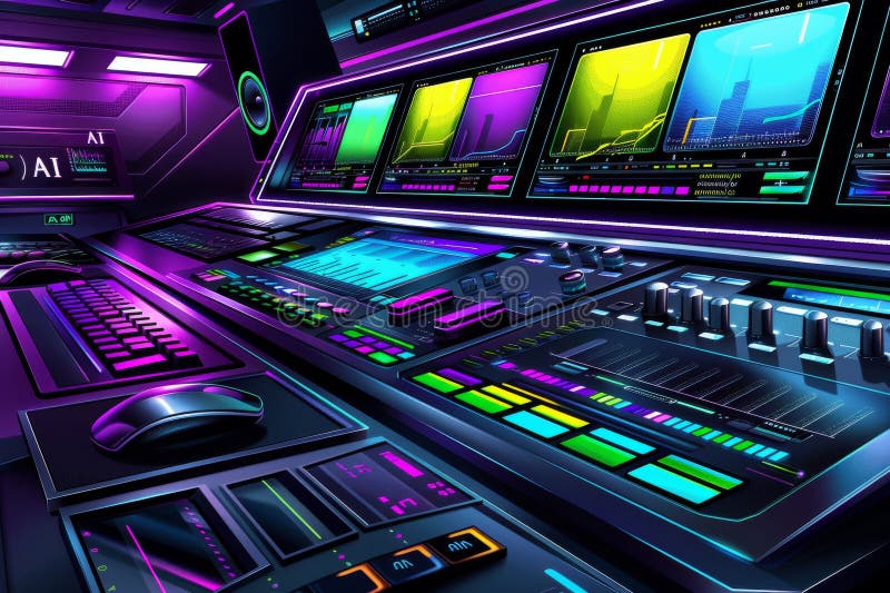 High Tech Control Room with Neon Lights and Digital Interfaces ...