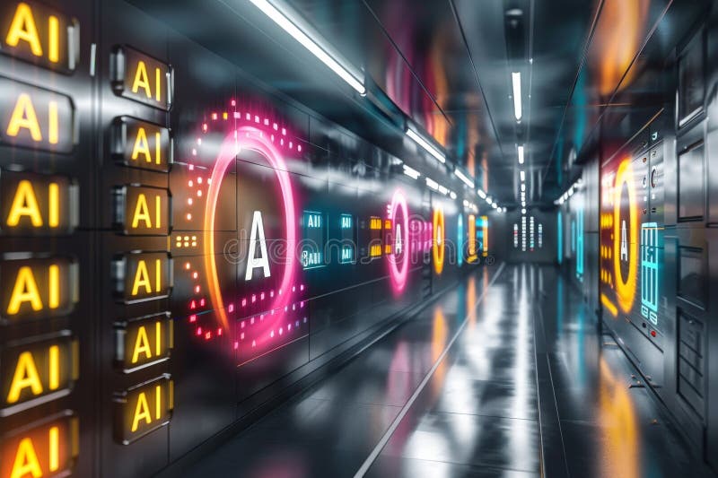 High Tech AI Corridor with Glowing Signs, Illustrating Advanced ...