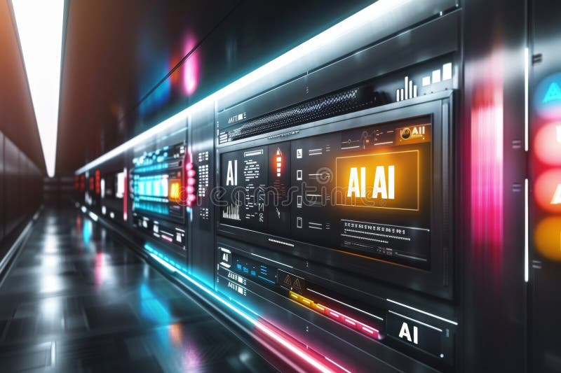High Tech AI Corridor with Glowing Signs, Illustrating Advanced ...
